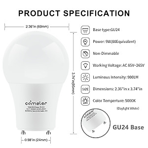 comzler GU24 Light Bulb,GU24 LED Bulb 9W Equivalent 80W, GU24 Base Twist in Light Bulb Daylight 5000K 900 Lumens,A19 CFL Replacement,Non-dimmable Bulb for Ceiling Fan 4 Pack