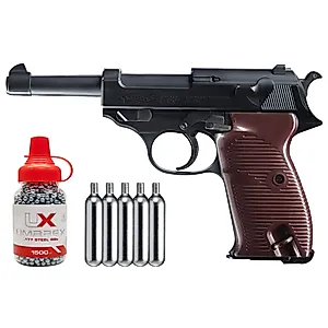 Wearable4U - Umarex Walther P38 Semi Auto CO2 Air Pistol BB Airgun Blowback Pistol Set with 5X 12gr CO2 Tanks and Pack of 1500 4.5mm (.177) Steel Umarex Precision BBS Bundle