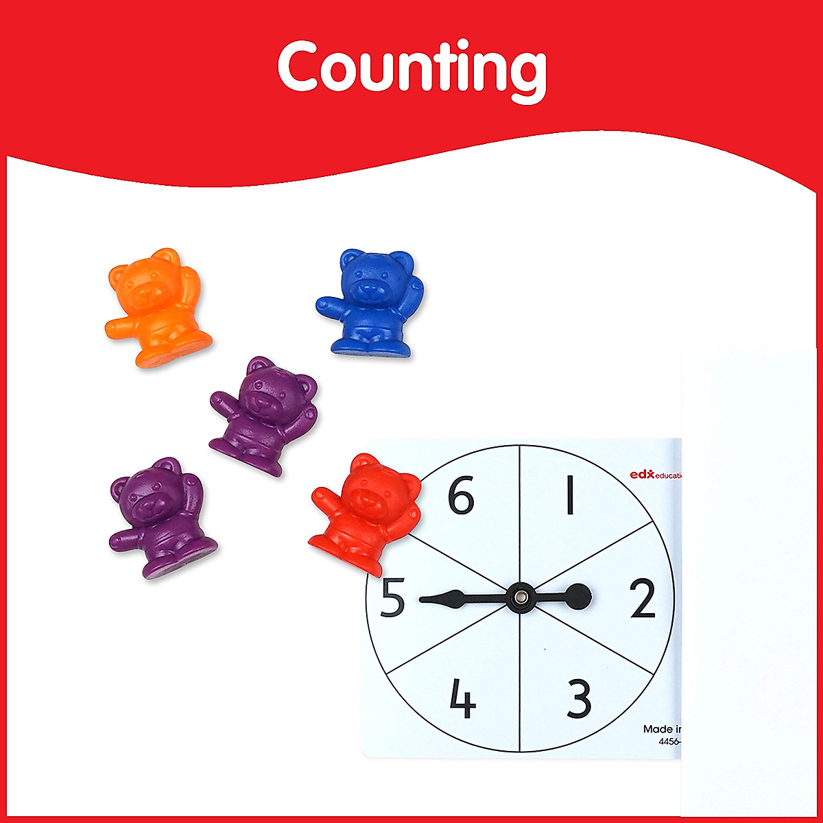 edxeducation Counting Bears with Matching Bowls - Early Math Manipulatives - 68pc Set - 60 Bear Counters, 6 Bowls & 2 Game Spinners - Home Learning