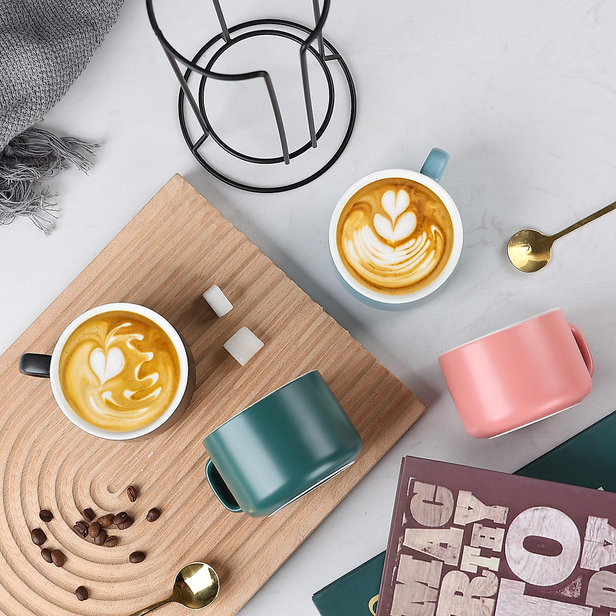 ZEBERBO Ceramic Cappuccino Cup, Espresso Cups Set of 4 with Metal Stand, 8 oz Stackable Porcelain Coffee Mugs, Demitasse Cappuccino Cups Set for Latte,Coffee,Cafe Mocha,Tea, Cafe Mocha 4