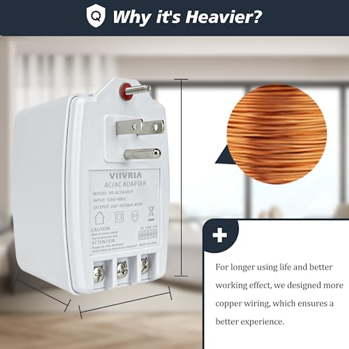 VIIVRIA 24-Volt AC 40VA Plug-in Doorbell Transformer, Compatible with Ring Wired Video Doorbell, Nest, Ecobee, Sensi, and Honeywell Thermostats, Power Supply for Multiple Smart Doorbells