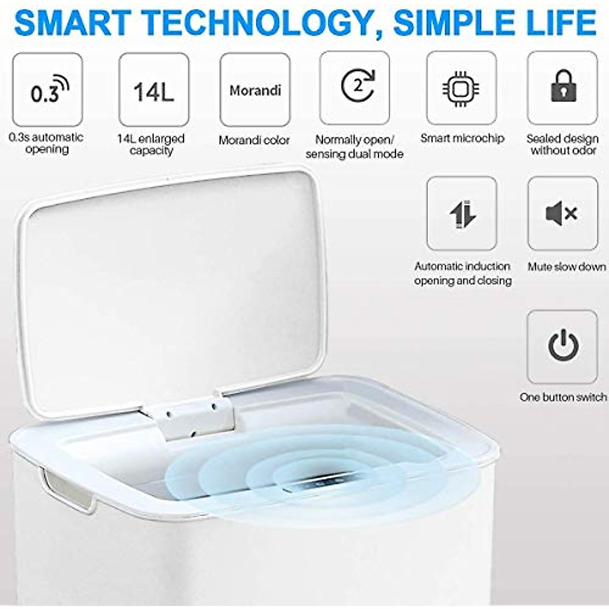 Inductive Trash Can, Non-Touch Sensor Trash Bin 14 Liter/3.7 Gallon Large Capacity Contactless Garbage Can with Lid, Automatic Sensor Waste Basket for Kitchen Home Office Bedroom (White)