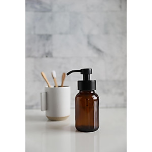 Rail19 Amber Glass Apothecary Foaming Soap Dispenser with Metal Pump - for Kitchen and Bathroom Countertop, 8.5oz (Black)