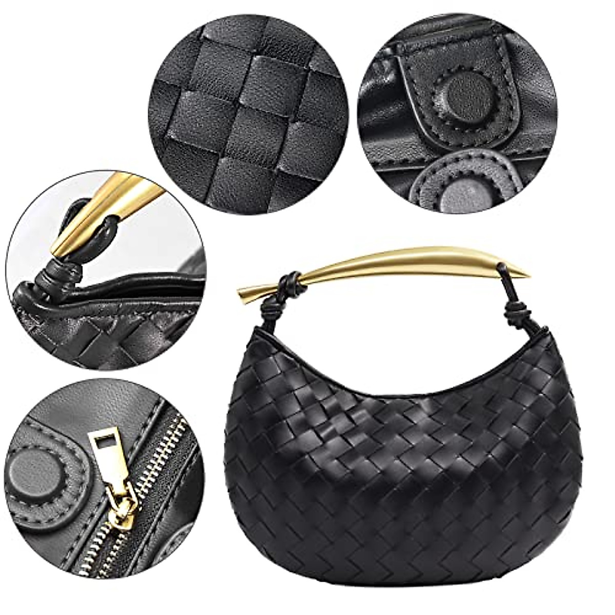 Bisadon Woven Handbag Soft Leather Fashion Dumpling Bags Clutch Purse Handmade Hobo Bags for Women Light Weight Black
