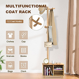 Yoimori Coat Rack, Wooden Coat Rack Freestanding with Storage Cabinet and 12 Hooks, Coat Tree,Sturdy Coat Rack Stand for Entryway, Hallway, Bedroom, Living room, Office, Coats, Bags, Hats(Brown)