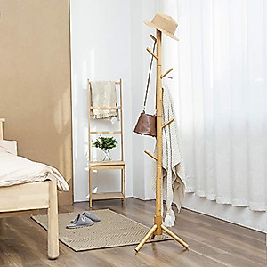 C&AHOME Bamboo Coat Rack Stand with 8 Hooks, Wooden Coat Tree Adjustable Sizes, Entryway Hall Tree Free Standing Coat Hanger Stand for Hat, Bag, Clothes, Jacket, Natural