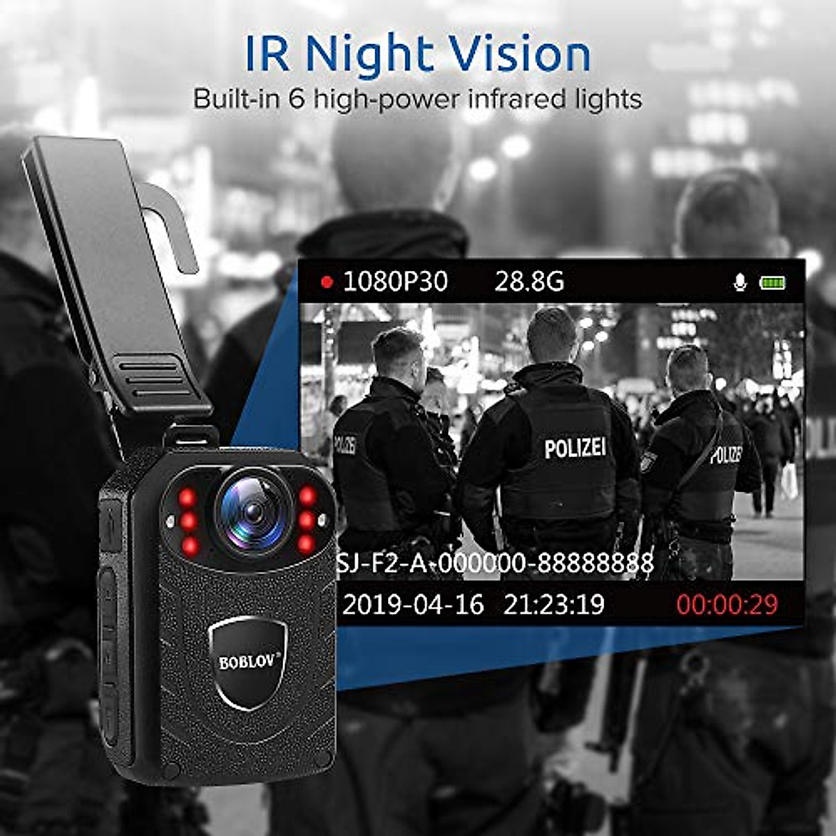 BOBLOV KJ21 Body Camera, 1296P Body Wearable Camera Support Memory Expand Max 128G 8-10Hours Recording Police Body Camera Lightweight and Portable Easy to Operate Clear NightVision (KJ21 Only)