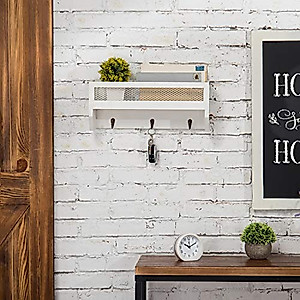 MyGift 16-inch Country Rustic White Wood & Metal Wall-Mounted Storage Wire Mesh Basket Rack w/Key Hooks