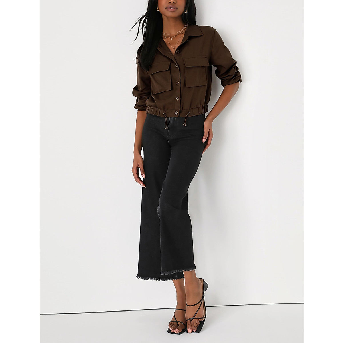 Vimyig Women's Lightweight Black Cropped Utility Jacket Military Safari Button Down Anorak Coat with Pockets(Brown-M)