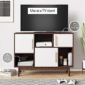 Nathan James Ellipse Multipurpose Storage Cabinet with Display Shelves and Doors, Entryway Modern Buffet or Kitchen Sideboard with Glam Gold Brass Accent, TV Stand, Walnut Brown