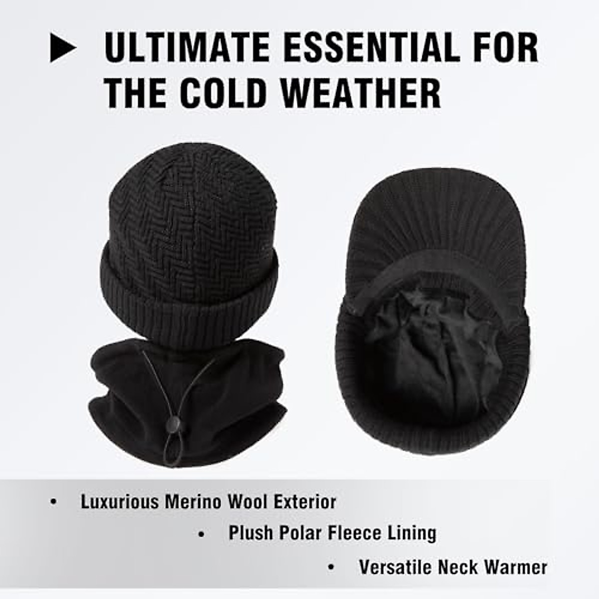 TOP-EX Waterproof Winter Wool Knit Hat with Visor, Mens Brim Beanie & Scarf Set, Women Cold Weather Skull Stocking Cap Fleece Lined & Neck Cover Black,X-large XL XXL XXXL Extra Large Big Head Oversize