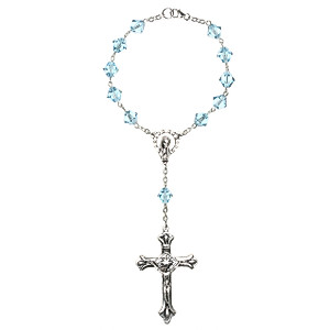 One Decade Auto Rosary made w/Aquamarine Blue Austrian Crystals (March) - Communion, Confirmation, RCIA, Birthday & more