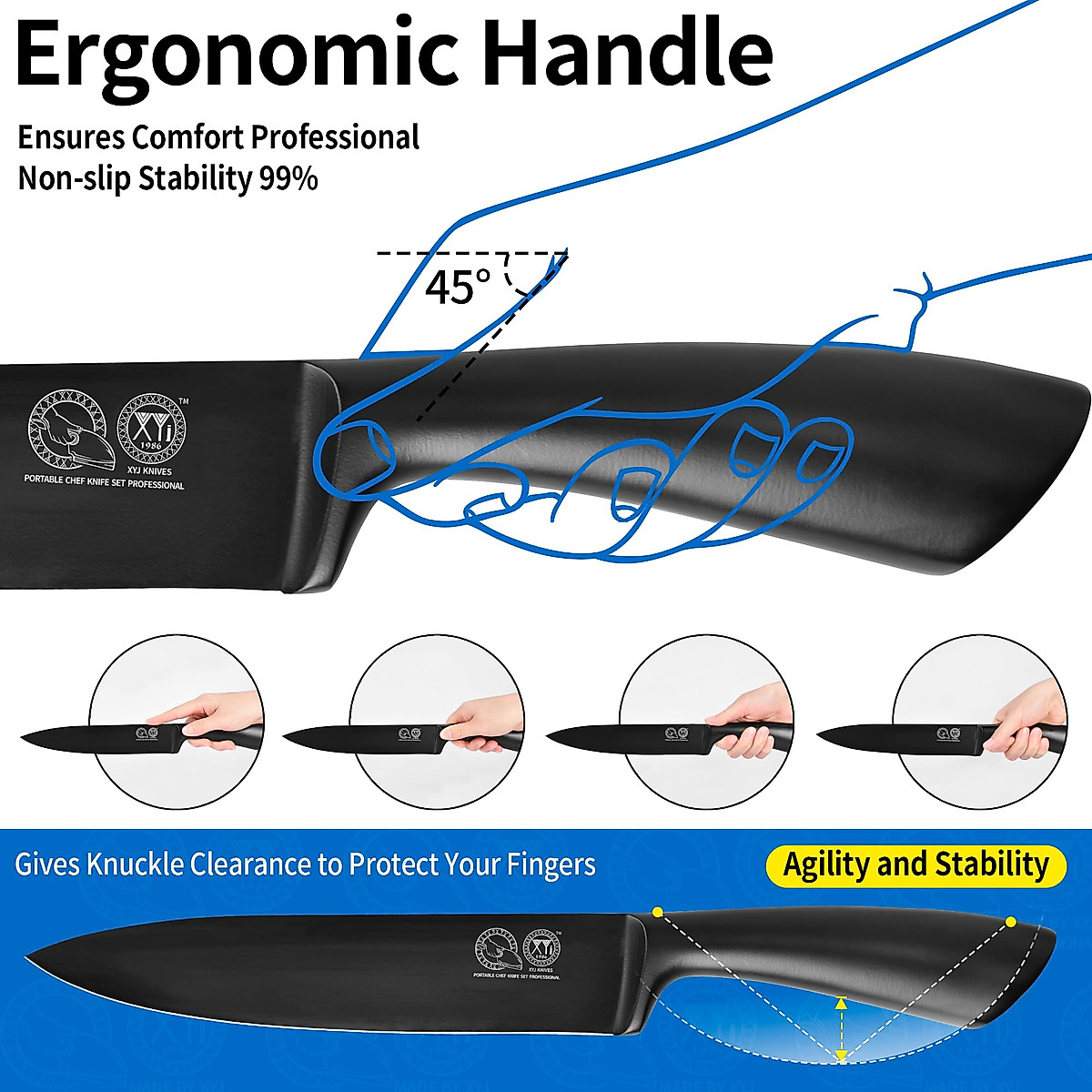 XYJ Knife Set, 11 Pieces Stainless Steel Black Knives,Cooking Cleaver Meat Vegetable Boning Chef Knives,With Roll Bag,Honing Steel,Ergonomic Handle,Ideal for Kitchen Outdoor Camping for Mom Dad