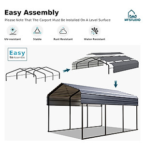 MFSTUDIO Carport 10 x 15 FT Heavy Duty Canopy, Outdoor Metal Car Port with Side Walls, Garage Car Shelter Shade with Galvanized Steel Roof, Frame and Bolts for Car, Truck and Boats