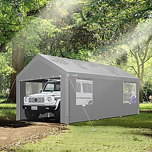 COBIZI Carport 10'x20' Heavy Duty Portable Garage, Upgraded Car Canopy with Removable Sidewalls, Ventilated Windows & Built-in Sandbags, Waterproof All-Season Tarp, Car Tent for Truck, Boat, Gray