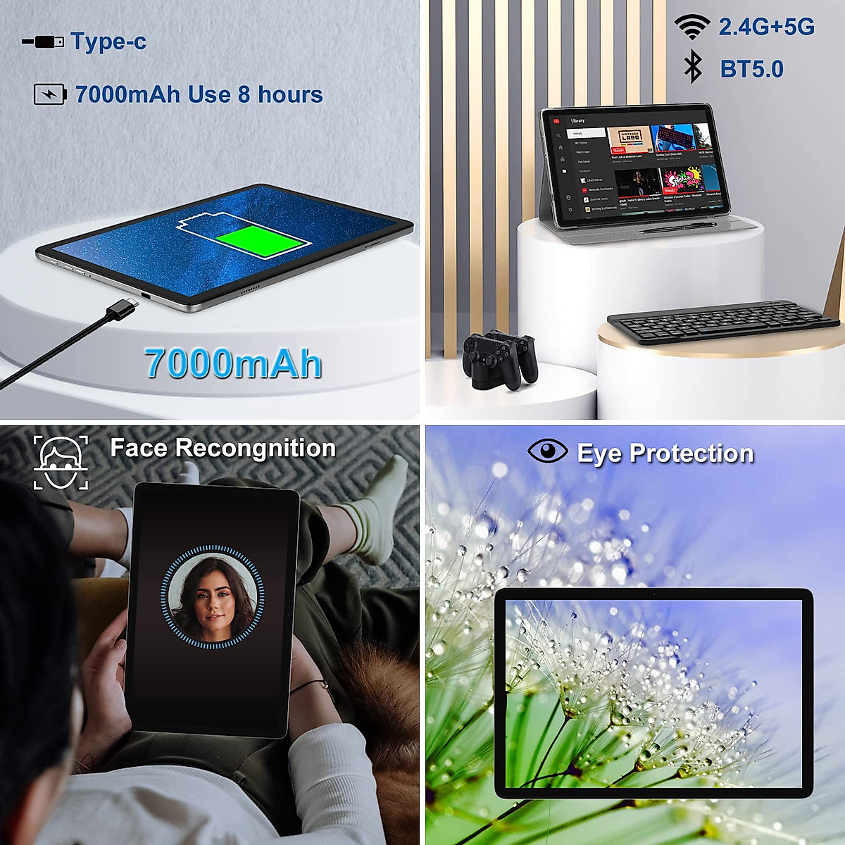 FESABOLE 2024 Newest 2 in 1 Tablet 10 inch Tablet 128GB Storage 1TB Expand Octa- Core Android Tablet Main13MP 5G WiFi Tablet IPS FHD with Stylus Keyboard