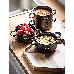 LAUCHUH 27 Ounces Soup Bowls with Handles, French Onion Soup Bowls, Oven Safe Soup Bowls Serving Bowls for Entertaining, Party Stackable, Black
