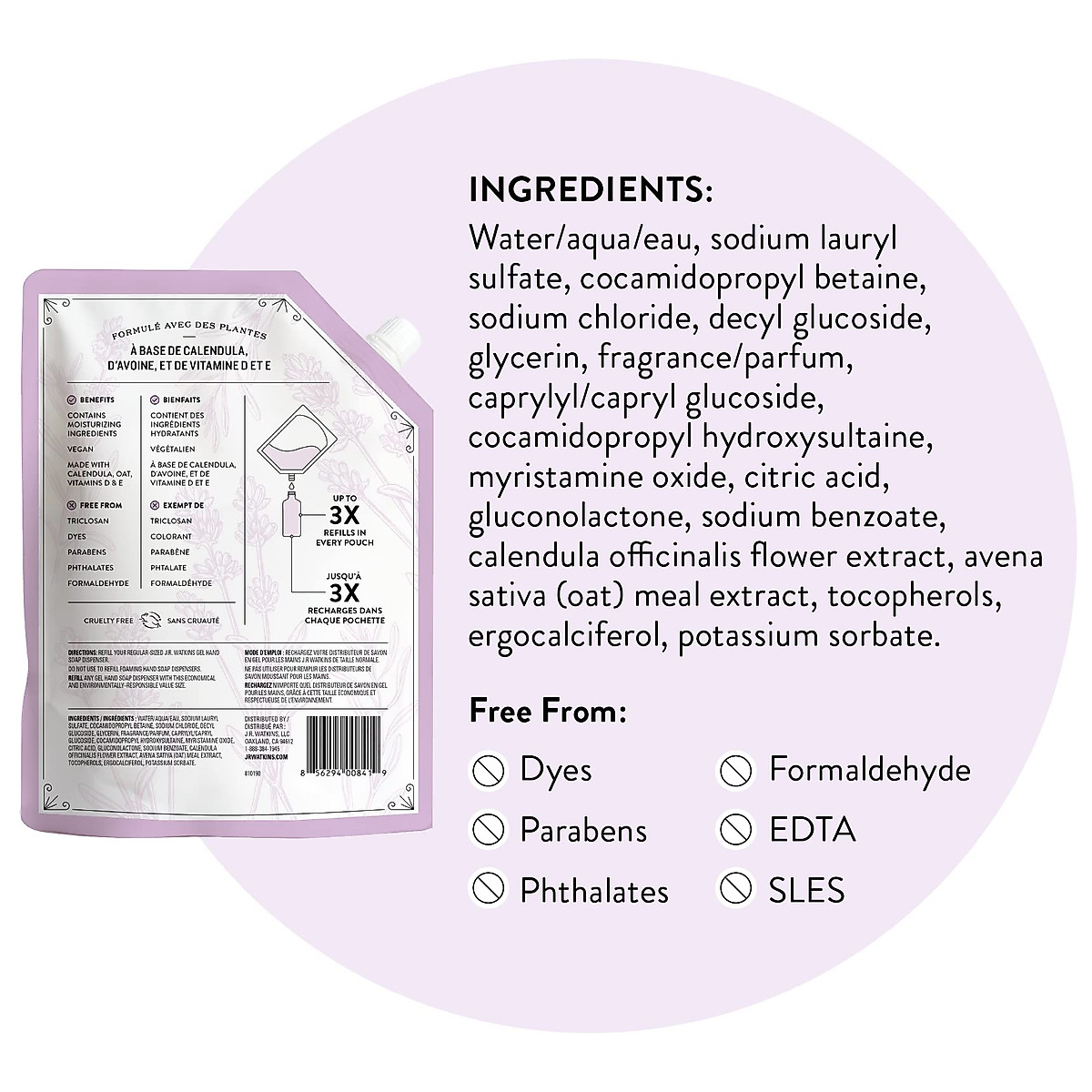 J.R. Watkins Gel Hand Soap Refill, Moisturizing Hand Wash, All Natural, Alcohol-Free, Cruelty-Free, USA Made, Lavender, 34 Fl Oz (Pack of 3)