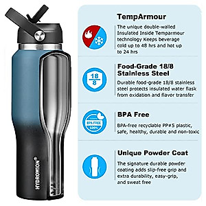 HYDROWION 32oz Water Bottle, Double Wall Vacuum Stainless Steel Insulated Water Flask with Straw Lid, Spout Lid and Flex Cap(Cold for 48 Hrs, Hot for 24 Hrs), Leakproof Travel Thermo Mug, Blue&Black