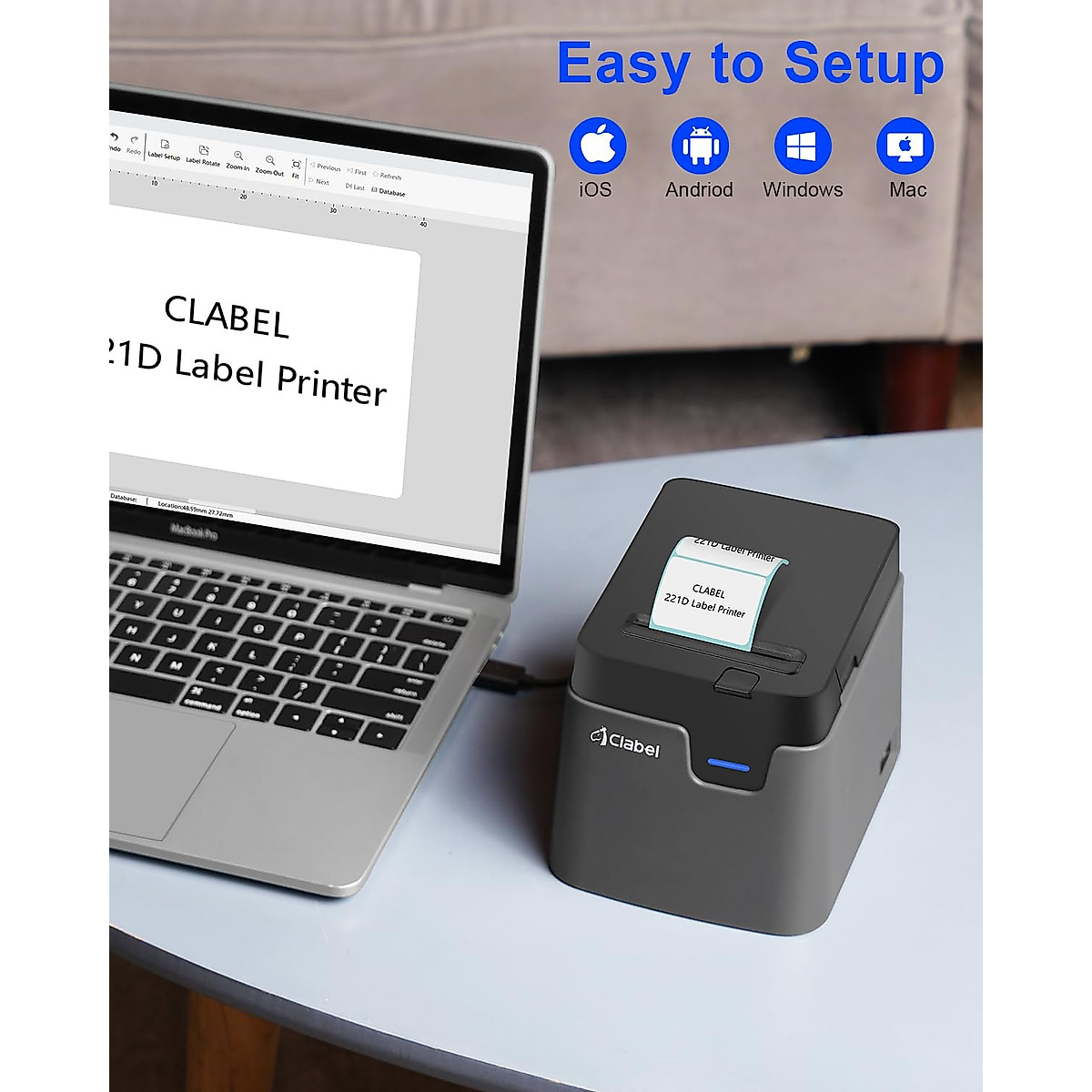 CLABEL 221D Bluetooth Barcode Label Printer: 2 Inch Desktop Label Maker Thermal Barcodes Printer for Address Shipping Warehouse with 1 Roll 40x30mm Label
