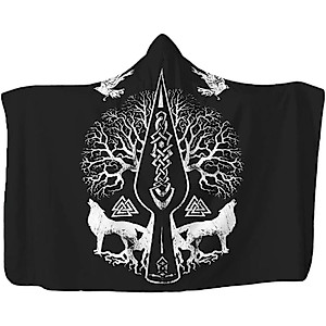 Viking 3D Printing Hooded Blanket Keeps Warm And Soft Tree Of Life Crow Unisex Winter Wearable Hooded Blanket Double Layer Thick Plush Wool Blanket Cloak ( Color : Blanket , Size : 50x60in/130x150cm )