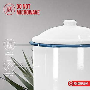 Red Co. White Enamelware Mug Pots with Blue Rim & Lid - Set of 3 Nesting Cups, Perfect for Picnic, Camping, Outdoor Activity