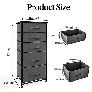 Sehloran 5 Drawer Dresser for Bedroom, Dessers Storage Tower, Chests of Drawers, Removable Tall Fabric Bins, Dresser Organizers Unit for Hallway, Entryway, Closets, Wood Top, Gray
