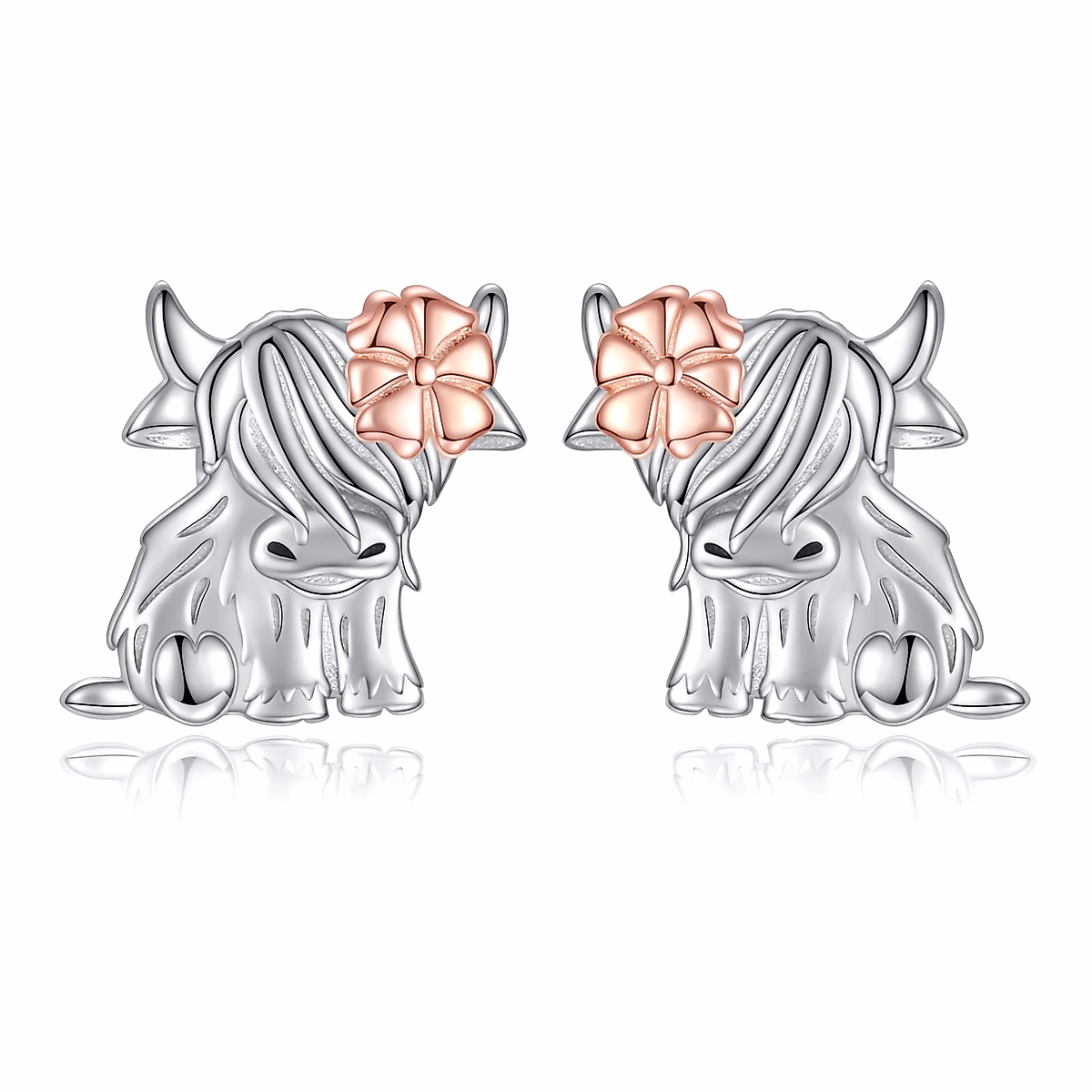 925 Sterling Silver Highland Cow Earrings Stud Necklace Hypoallergenic Animal Jewelry Gifts for Women Cow Lover (Earrings)