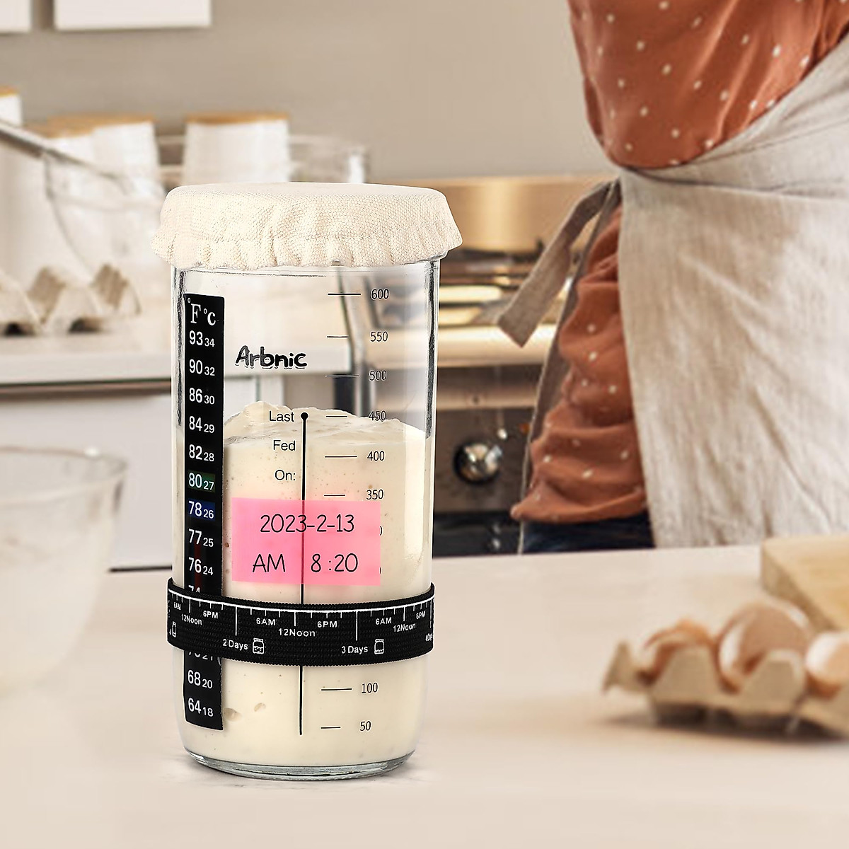 Arbnic Sourdough Starter Kit with 2 Starter Jars, Sourdough Bread Baking Supplies Included Thermometer Band, Level Tracker (with 2 Jars)