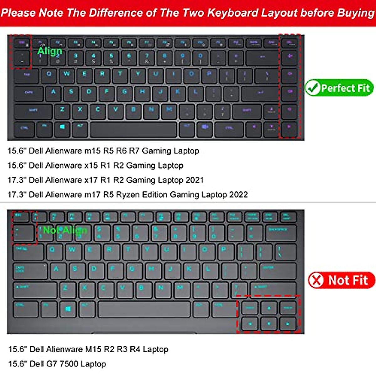 Keyboard Cover Skin for Dell Alienware m17 R5, Alienware m15 R7, Alienware M16 R1, Alienware x15 R1 R2 15.6" & x17 R1 R2 17.3", Alienware m15 R5 R6 R7 15.6", Dell G16 7630 7620 Gaming Laptop, TPU