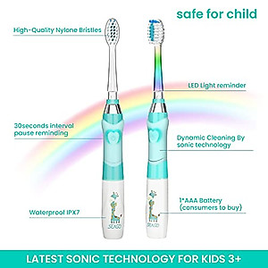 SEAGO Kids Electric Toothbrushes, Battery Powered Children Toothbrush with 2 Mins Timer and LED Light, Soft Kids Tooth Brush Sonic Toothbrush for Boys Girls Ages 4+ (Green)