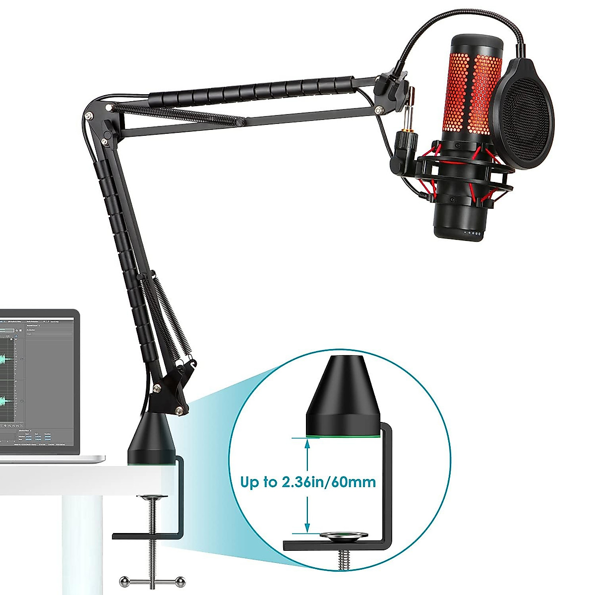 YOUSHARES Upgraded Quadcast Mic Stand with Pop Filter - Scissor Mic Boom Arm and 3 Layers Windscreen Compatible with HyperX Quadcast S Microphone to Improve Sound Quality