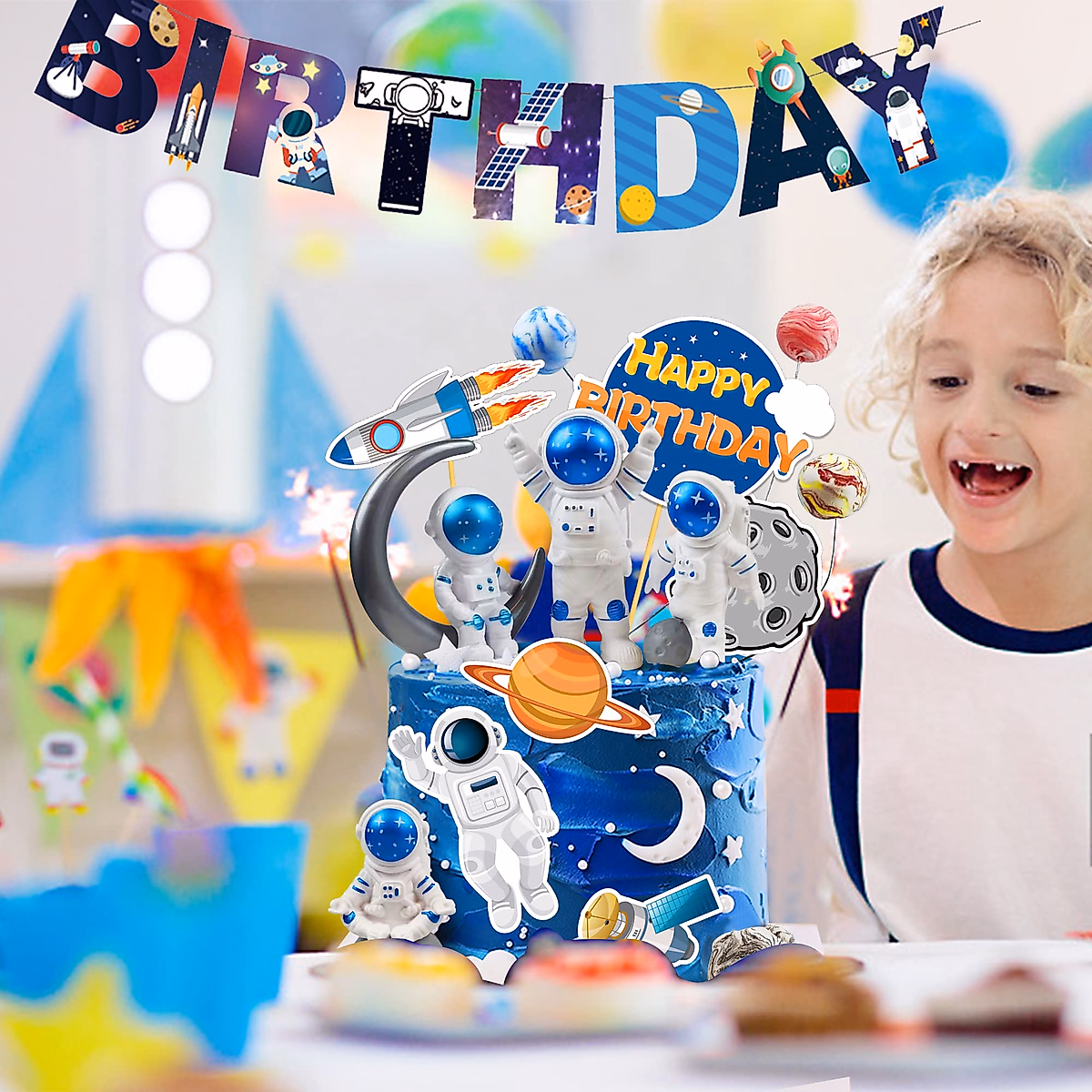 Astronaut Figurines Space Cake Toppers Astronaut Planet Rocket Satellite and Star Space DIY Cake Toppers for Space Theme Party Birthday Party Baby Shower Supplies (Blue)