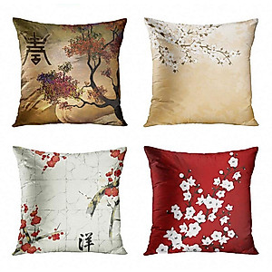 ArtSocket Set of 4 Throw Pillow Covers Japanese Tree Eastern Nature Home Flowers Cherry Blossom Beige Cream Decorative Pillow Cases Home Decor Square 18x18 Inches Pillowcases