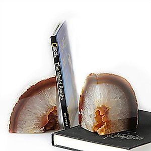 JIC Gem 1 Pair(6 to 8 Lbs) Natural agate Bookends Decorative geode book ends for Heavy Books with Rubber Bumpers Crystal Bookends for Shelves and Office decoration