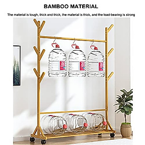 YXDFG Rolling Closet Organizer Shoe Rack,Bamboo Clothes Drying Rack,Coat Rack Stand Garment Rack Rail W/9 Side Hooks,Hall Tree Entryway Bedroom Storage Shelves Clothes Hanging Rack,Brown