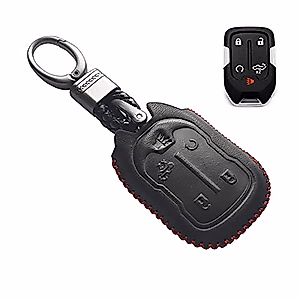 Compatible with fit for 2019 Chevrolet Silverado 1500 2500 HD 3500 HD, 2019 GMC Sierra 1500 2500 HD 3500 HD 5 Buttons HYQ1EA Leather Case Key Fob Cover Keyless Remote Start Control Holder Protector