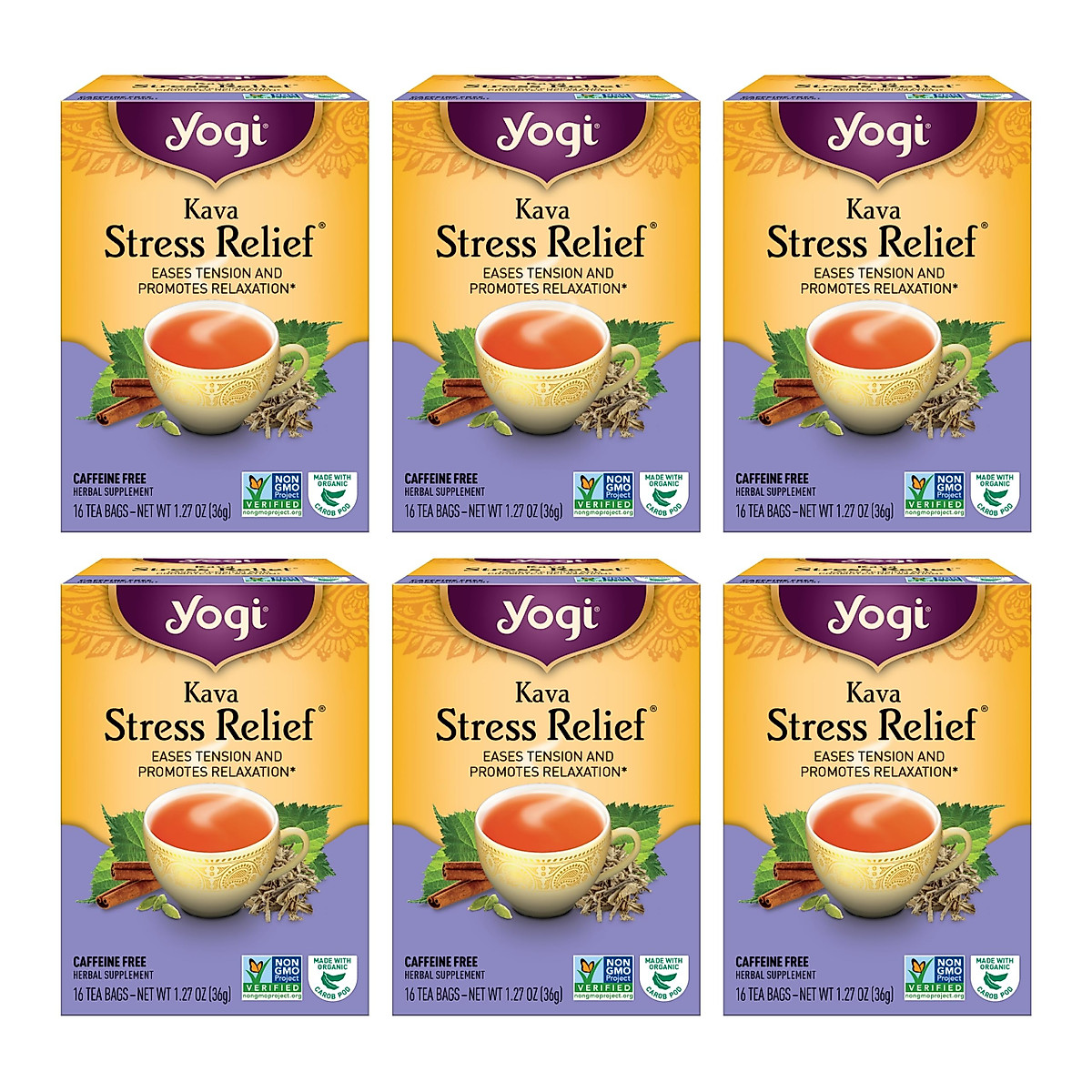 Yogi Tea - Kava Stress Relief (6 Pack) - Eases Tension and Promotes Relaxation - Caffeine Free - 96 Herbal Tea Bags