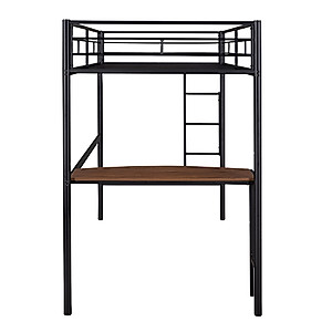 BOVZA Metal Loft Bed Twin Size with Desk, Ladder and Guardrails, for Kids Teens Adults, Black