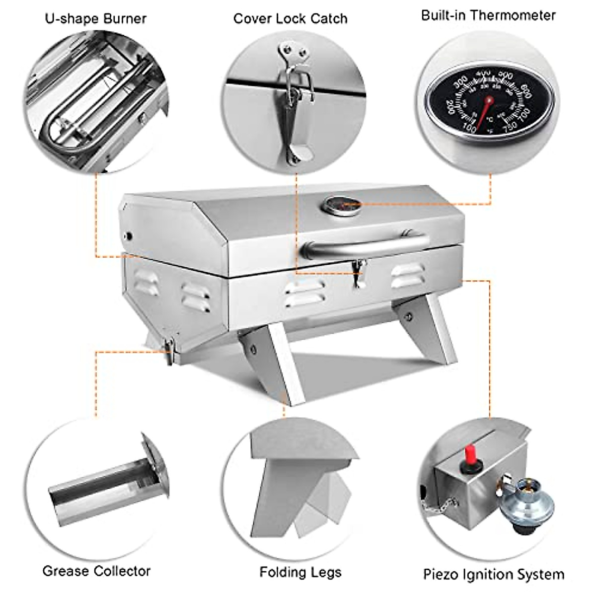 ROVSUN Portable Tabletop Propane Grill, Outdoor Gas Grill with Built-in Thermometer & Full Stainless Steel Body for Picnic Camping BBQ RV Patio Garden