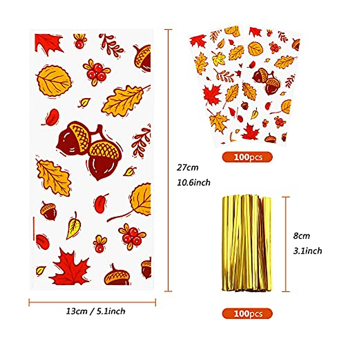 Kesote 100 Pieces Fall Thanksgiving Cellophane Treat Bags, Clear Pumpkin Maple Leaf Goodie Candy Treat Bags Bulk with Twist Ties for Thanksgiving Autumn Fall Party Favor Supplies
