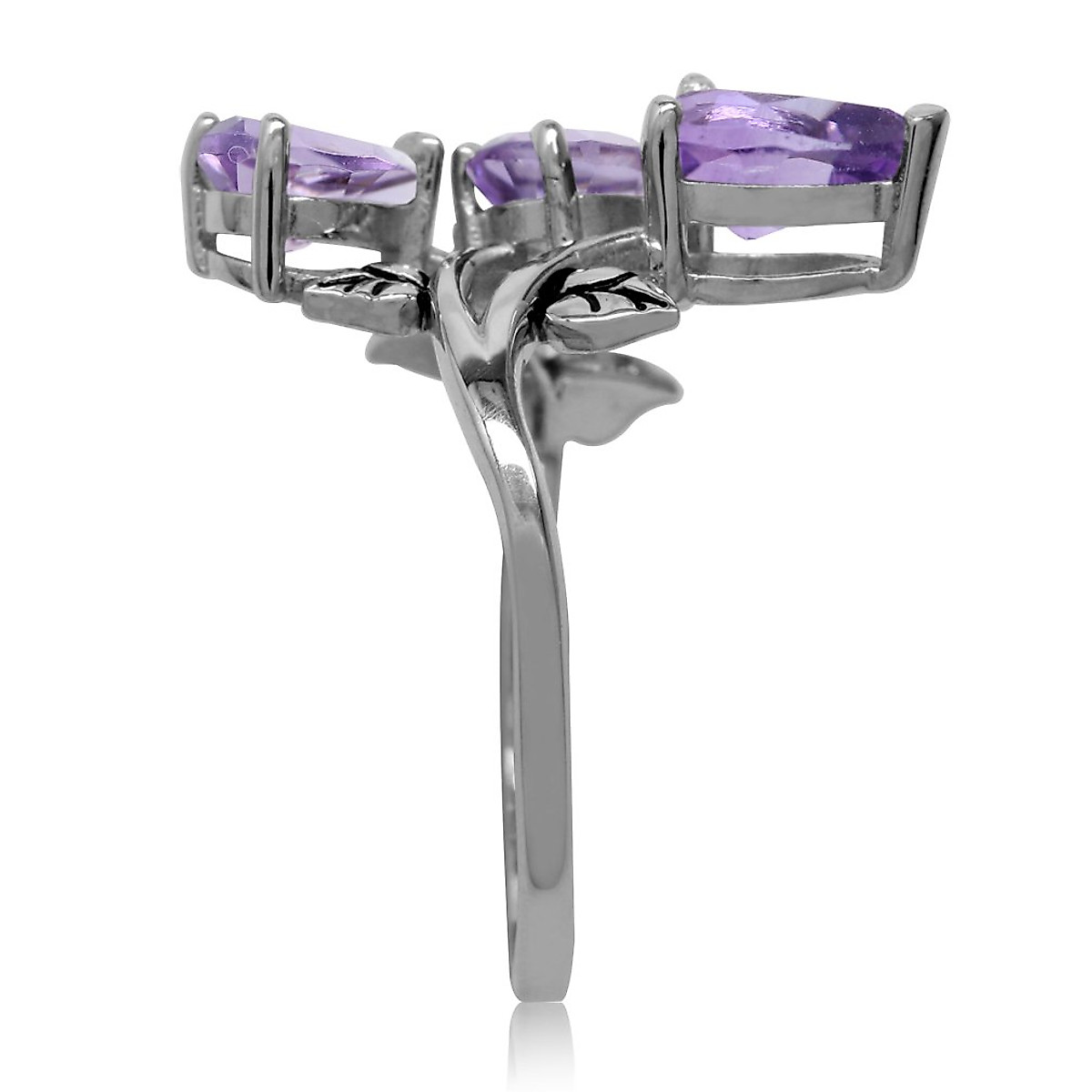 Silvershake 2.33ct. 3 Stone Natural Amethyst 925 Sterling Silver Bypass Leaf Ring Size 6.5