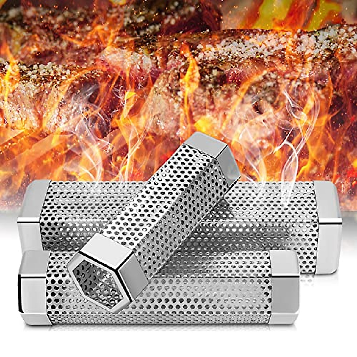 BBQ Outdoor Picnic Stainless Steel Smoked Pellet Tube, Camping Outing Barbecue Grilling Meat Flavor Bacon Smokey Accessories, 5/6/7 Inch Square Hexagonal Smoker Pipe for Hot/Cold Smoking (8 inch)