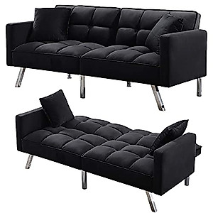 Olela Sleeper Sofa Bed Modern Tuft Futon Couch Convertible Loveseat Sleeper Reclining Sofa Bed Twin Size with Arms and 2 Pillows for Living Room, Black