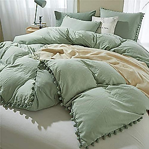 ETDIFFE Pom Pom Duvet Cover Queen Size - 3 Piece Boho Bohemian Farmhouse Microfiber Comforter Cover Set - Soft and Lightweight Quilt Cover, Solid Sage Green Pompom