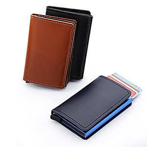 Dlife Credit Card Holder RFID Blocking Wallet Slim Wallet Cowhide Leather Vintage Aluminum Business Card Holder Automatic Pop-up Card Case Wallet Security Travel Wallet (Blue Case)