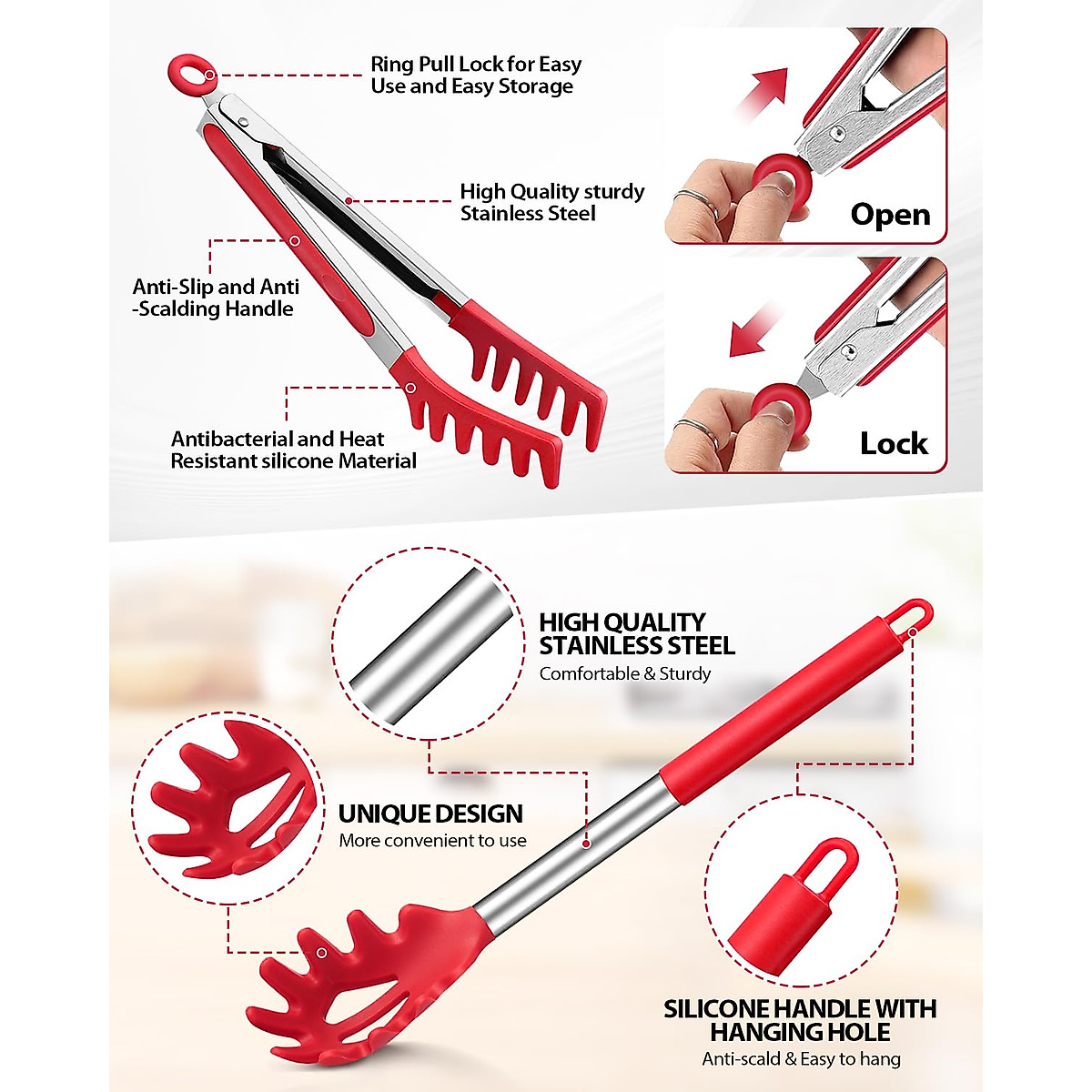 Spaghetti Spoon and Pasta Tong, Non-stick Silicone Spoon Server Fork with teeth and Stainless Steel Handle Spaghetti Tong, Food Clip for Spaghetti Noodle, Red