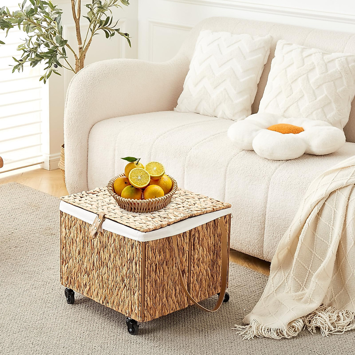 Wimarsbon Storage Basket, Foldable Rolling Hamper With Brakable Wheels and Lid, Handwave Braid Laundry Bin, Clothes Toy Organizer for Living Room (Water Hyacinth)