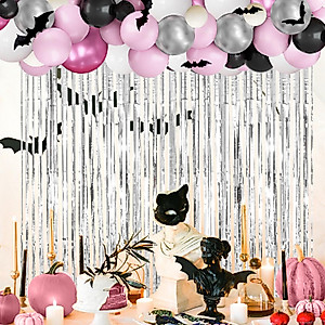 MEHOFOND Little Boo Halloween Party Decorations for Girls 200 Pcs, Pink and Silver Balloon Garland Arch Kit with Foil Curtain for Halloween Birthday Baby Shower Party Decor