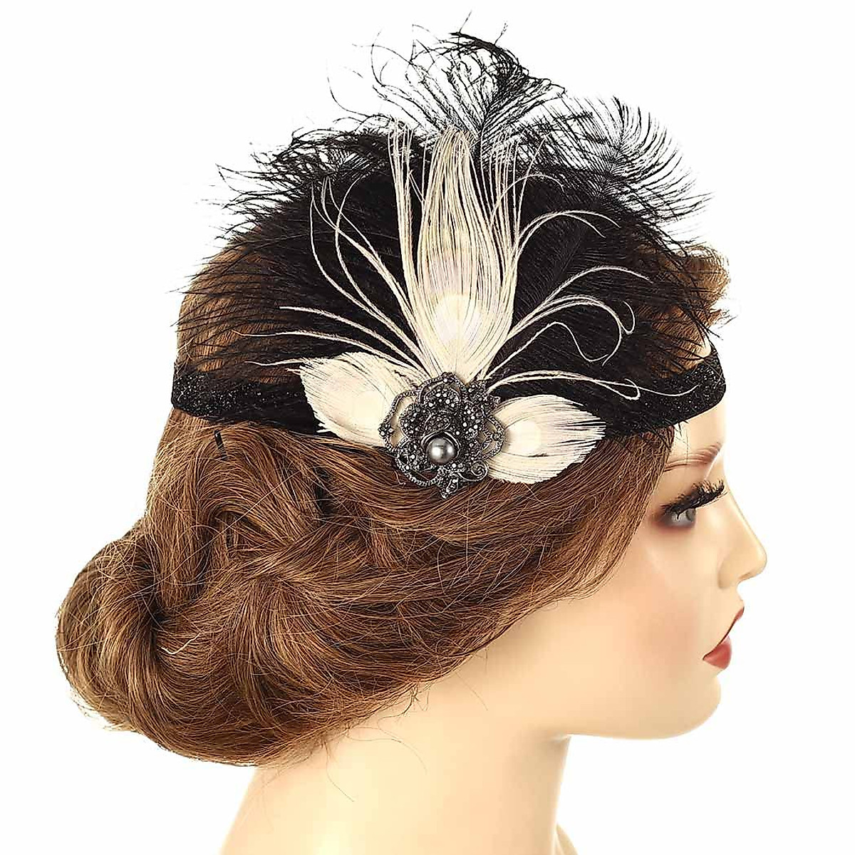 GENBREE Vintage 1920s Flapper Headpiece Black Feather Headband Crystal Headpieces Cocktail Head Accessories for Women and Girls